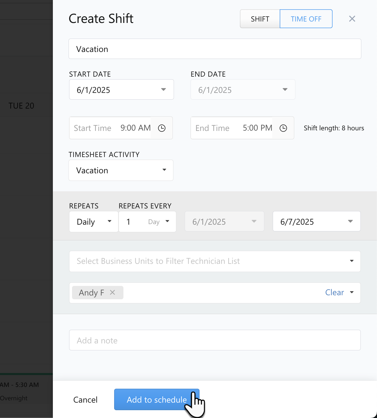 A cursor clicking Add to schedule for a Technician Time Off Shift in ServiceTitan.