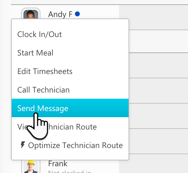 A cursor selecting Send Message from the technician dropdown menu in the ServiceTitan Dispatch ...