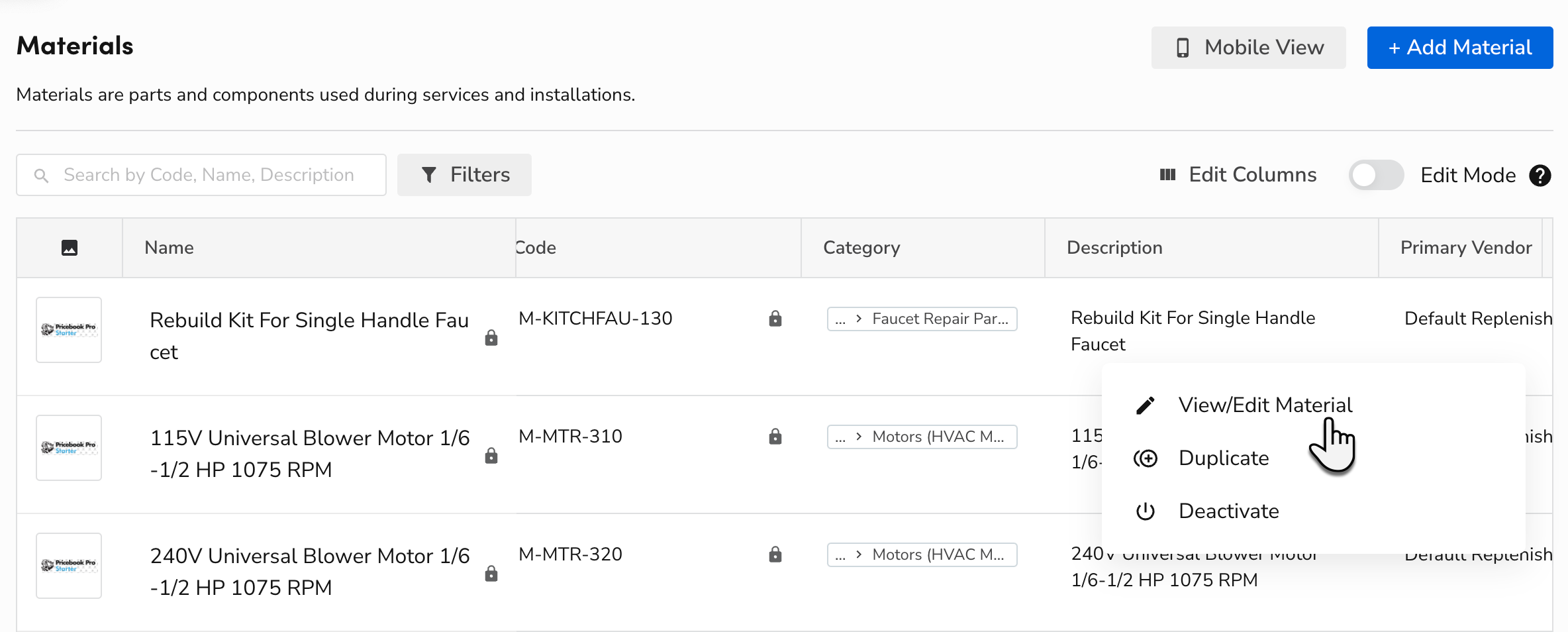 View Edit Materials - CPBP