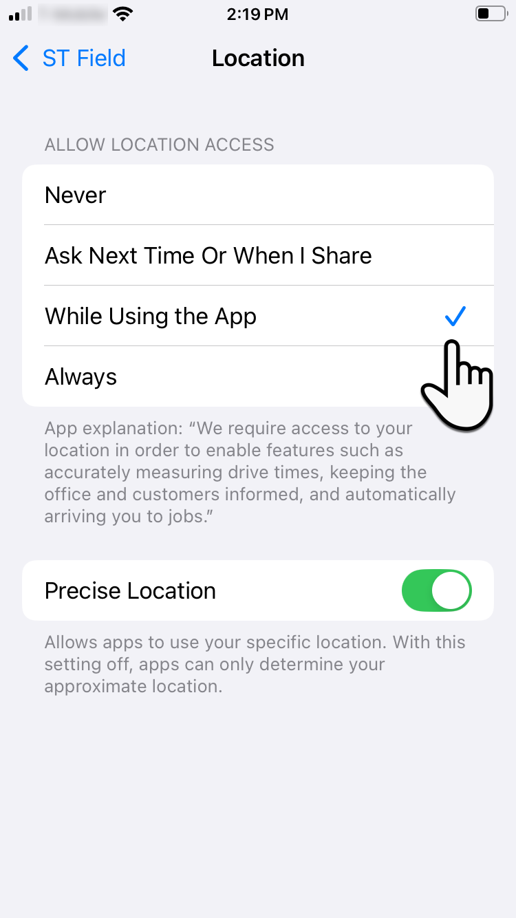 A cursor selecting While Using The App for location settings on an iOS ...