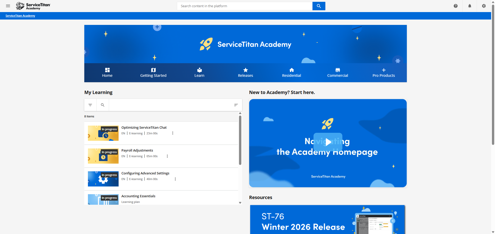 The homepage of the ServiceTitan Academy.