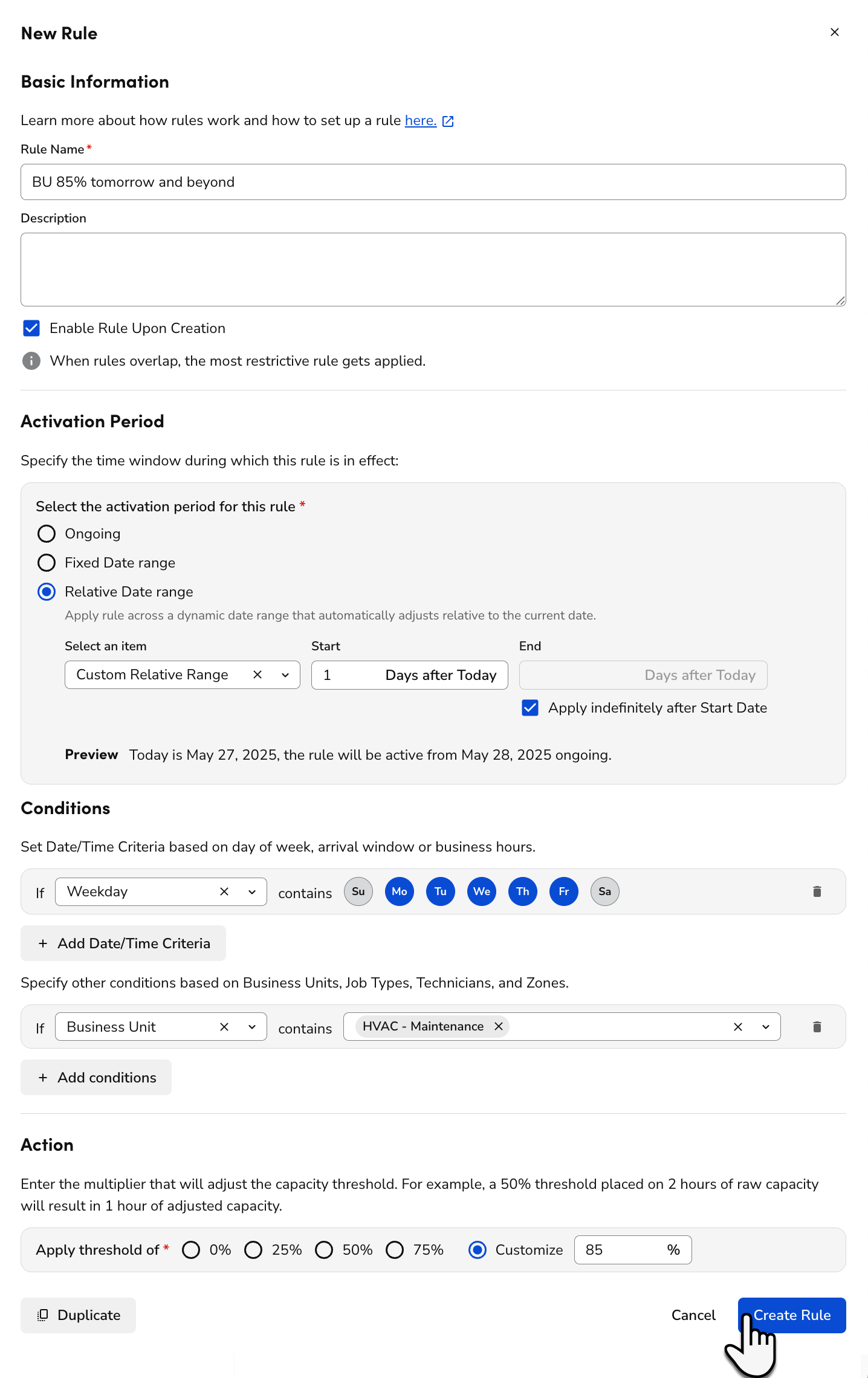 A rule in ServiceTitan Adaptive Capacity Settings.