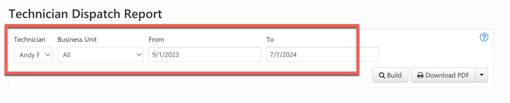 The Technician Dispatch Report Filter screen in ServiceTitan.