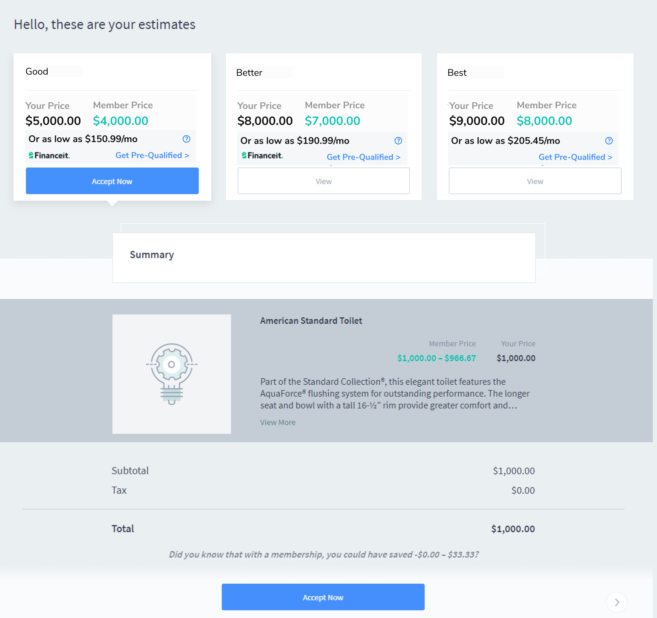 Screenshot of an online estimate with the Financeit financing option ...