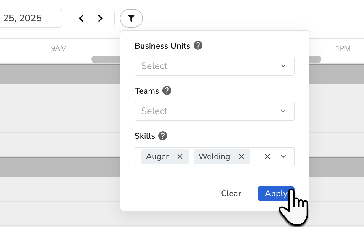 A cursor closing the Skills dropdown menu on the ServiceTitan Dispatch Board. The cursor then ...
