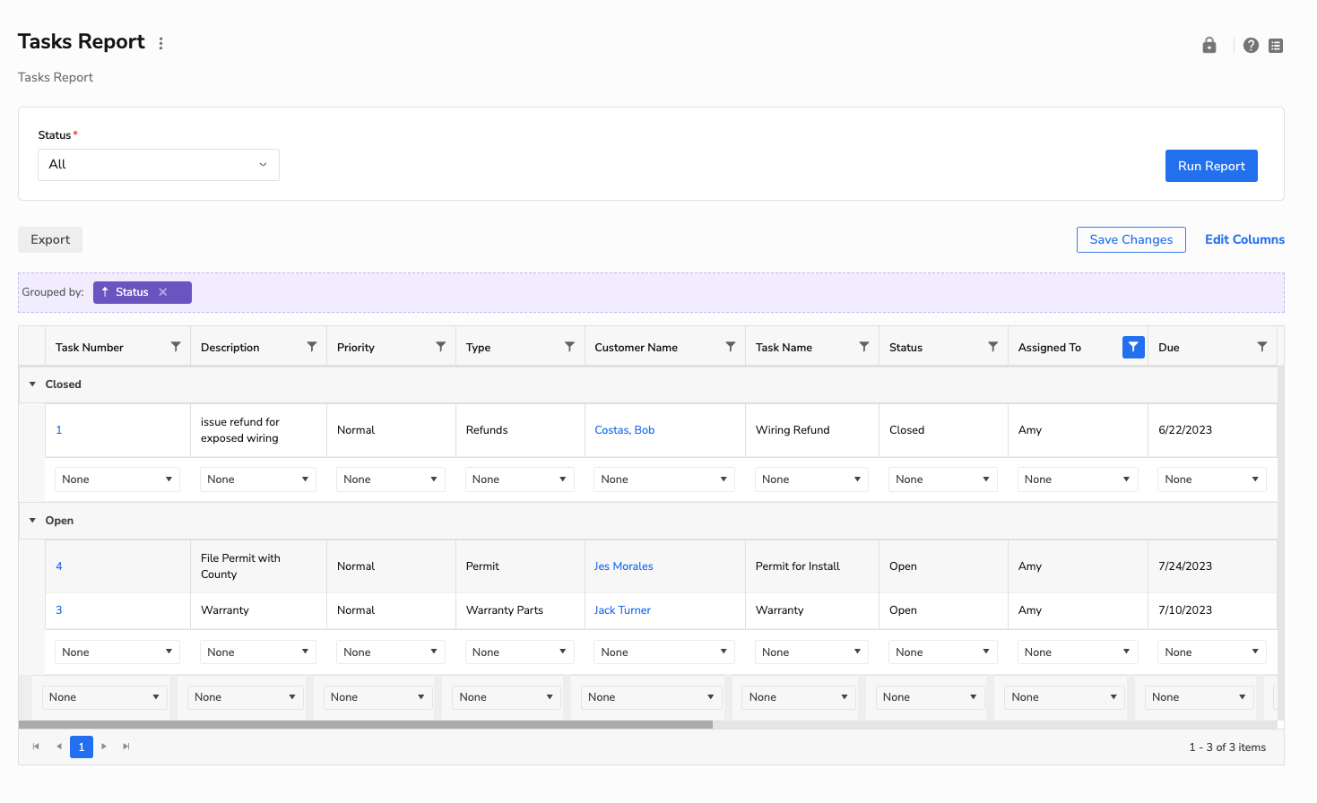 The Tasks report with the data grouped for operational efficiency.