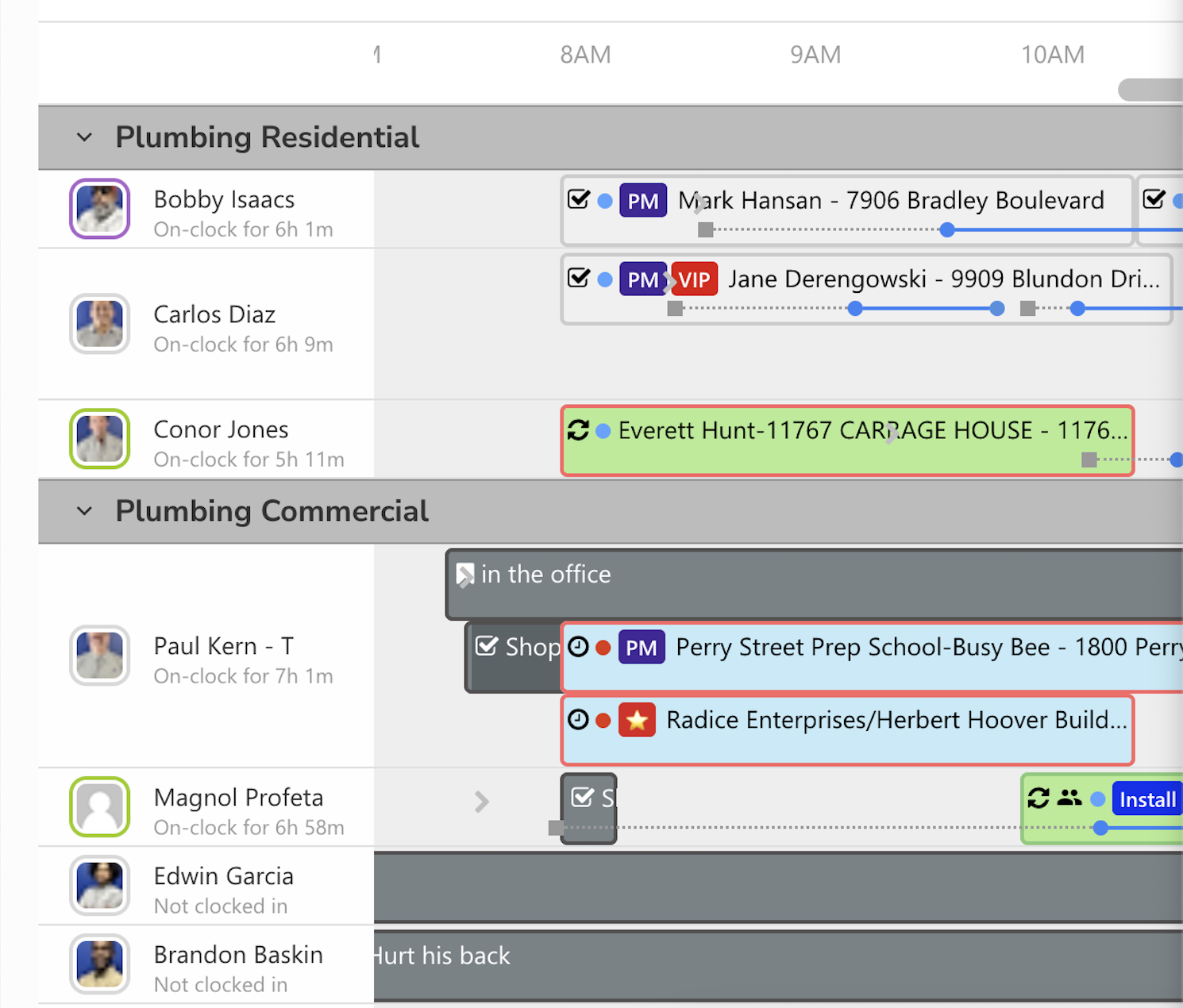 The image showing the dispatch board appearance when Show or hide technician clock-in time ...