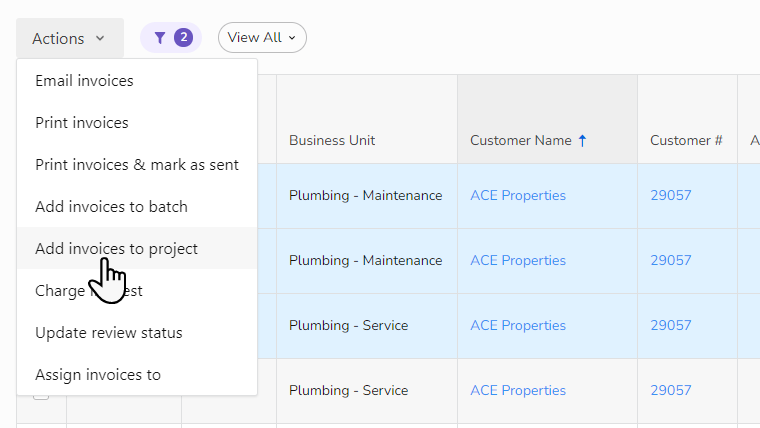 Cursor Add invoices to project option in Invoices module