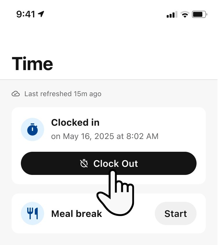 A cursor tapping Clock Out in the ServiceTitan Field Mobile App.