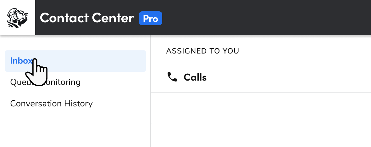 Hover over the Inbox screen in Contact Center Pro