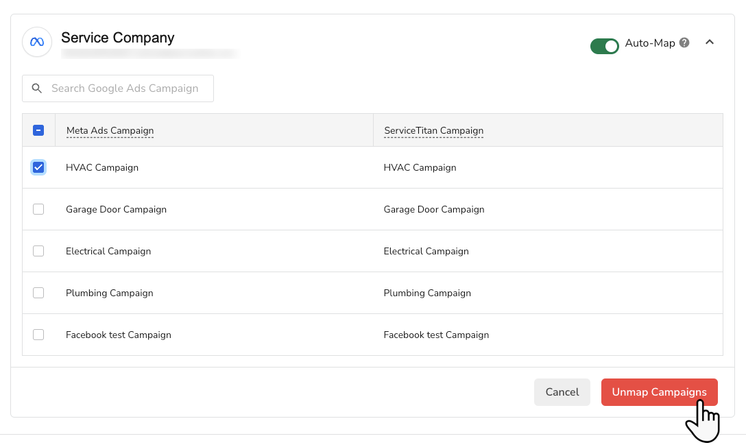 Cursor hovers over the Unmap Campaign button.