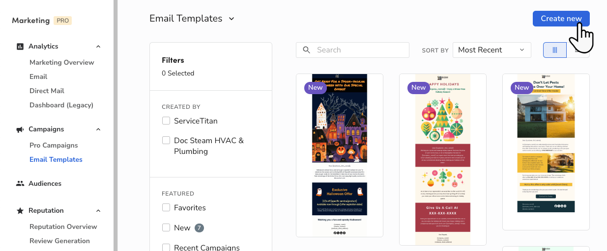 Cursor hovers over the Create new button on the Email Templates screen.