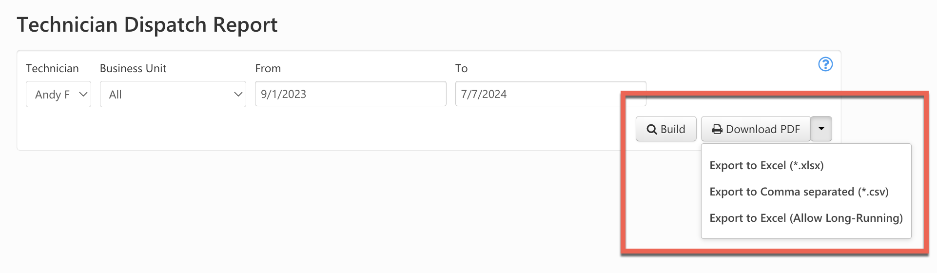 The Technician Dispatch Report screen in ServiceTitan.