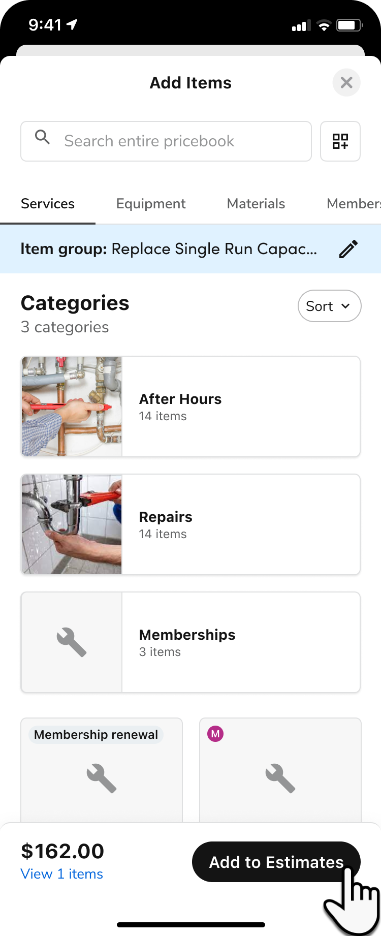 A cursor tapping Add to Estimates in the ServiceTitan Field Mobile App.