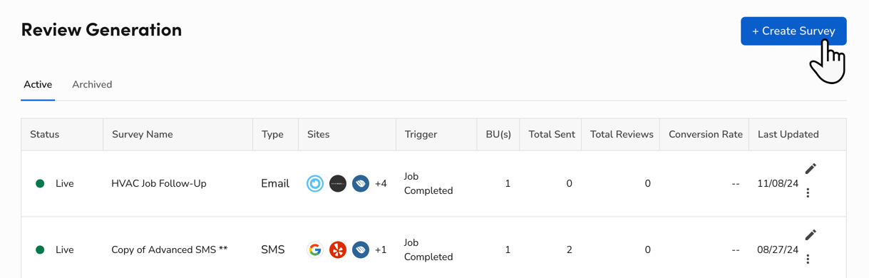 Cursor hovers over the Create Survey option on the Review Generation ...
