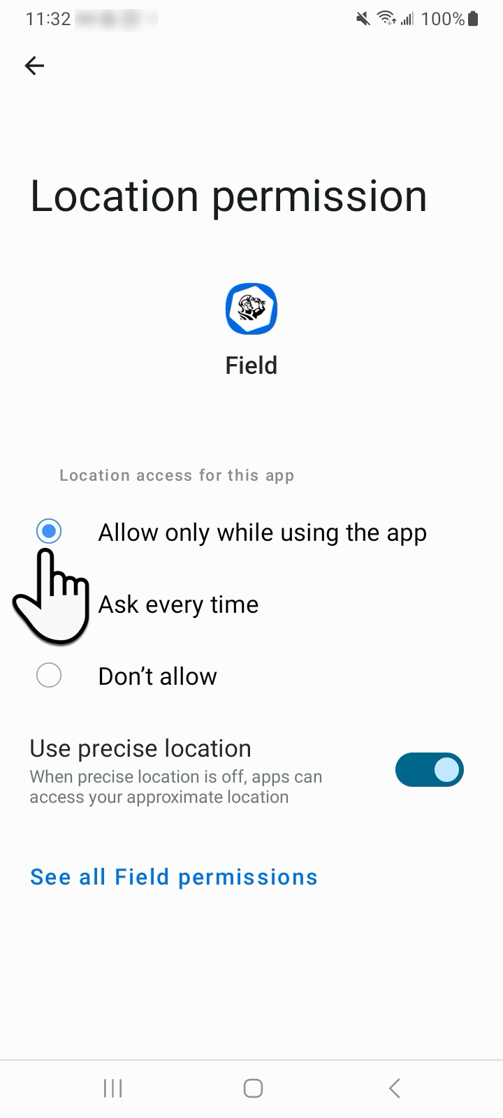 A cursor selecting Allow Only While Using The App for location settings on an Android device.