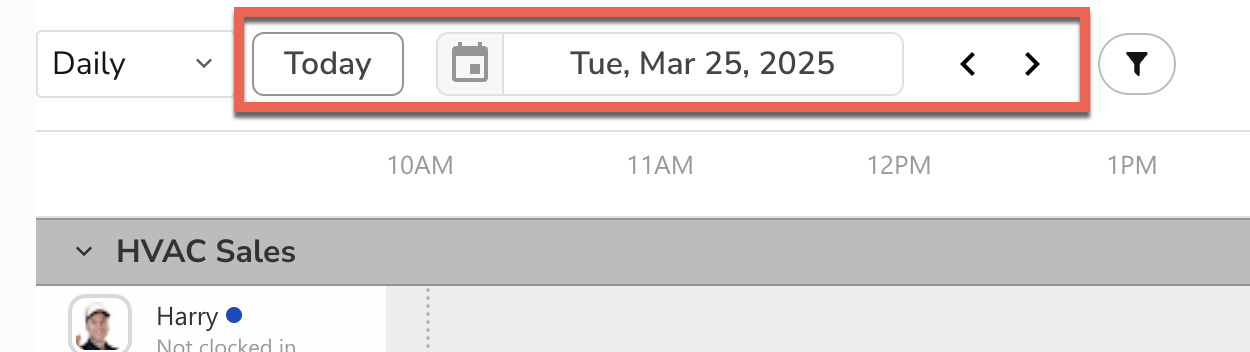 The top of the ServiceTitan Dispatch Board. The arrow buttons, the calendar date picker, and the ...