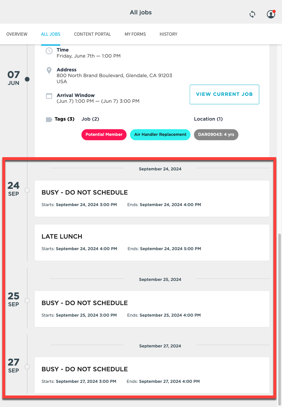 Non-job events in ServiceTitan Mobile.