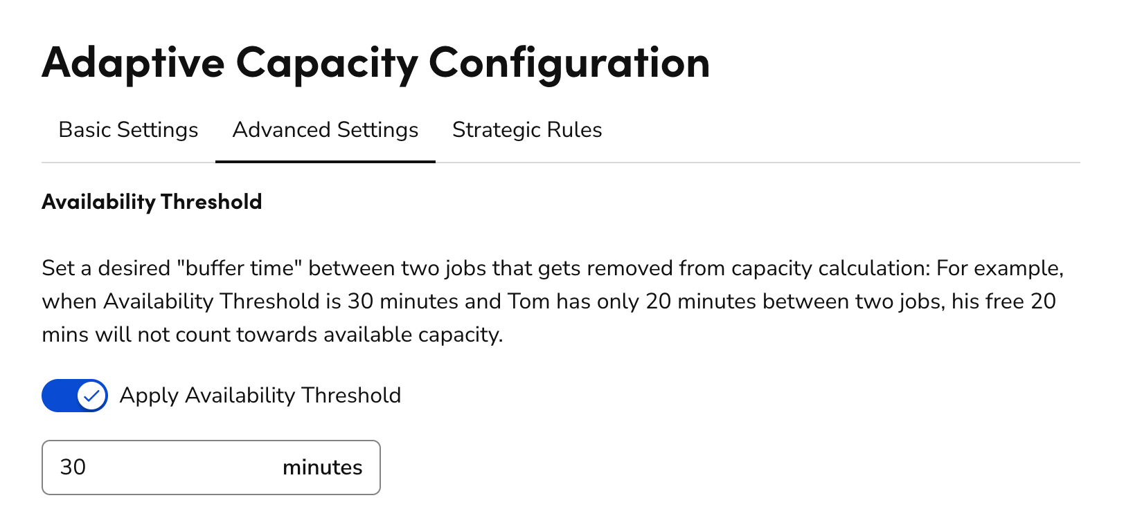 Adaptive Capacity Advanced Settings Availability Threshold in ServiceTitan.