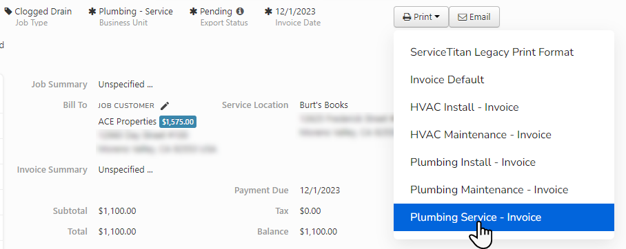 Cursor selecting an invoice template to use for printing a single invoice