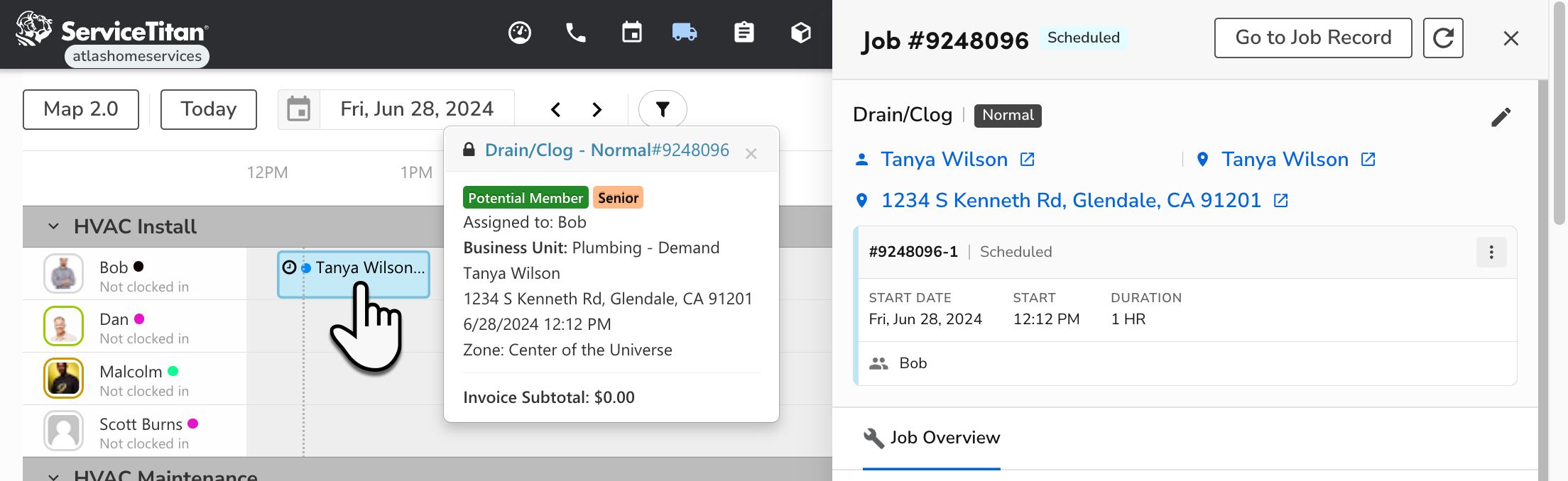 A cursor selecting a job on the ServiceTitan Dispatch Board.