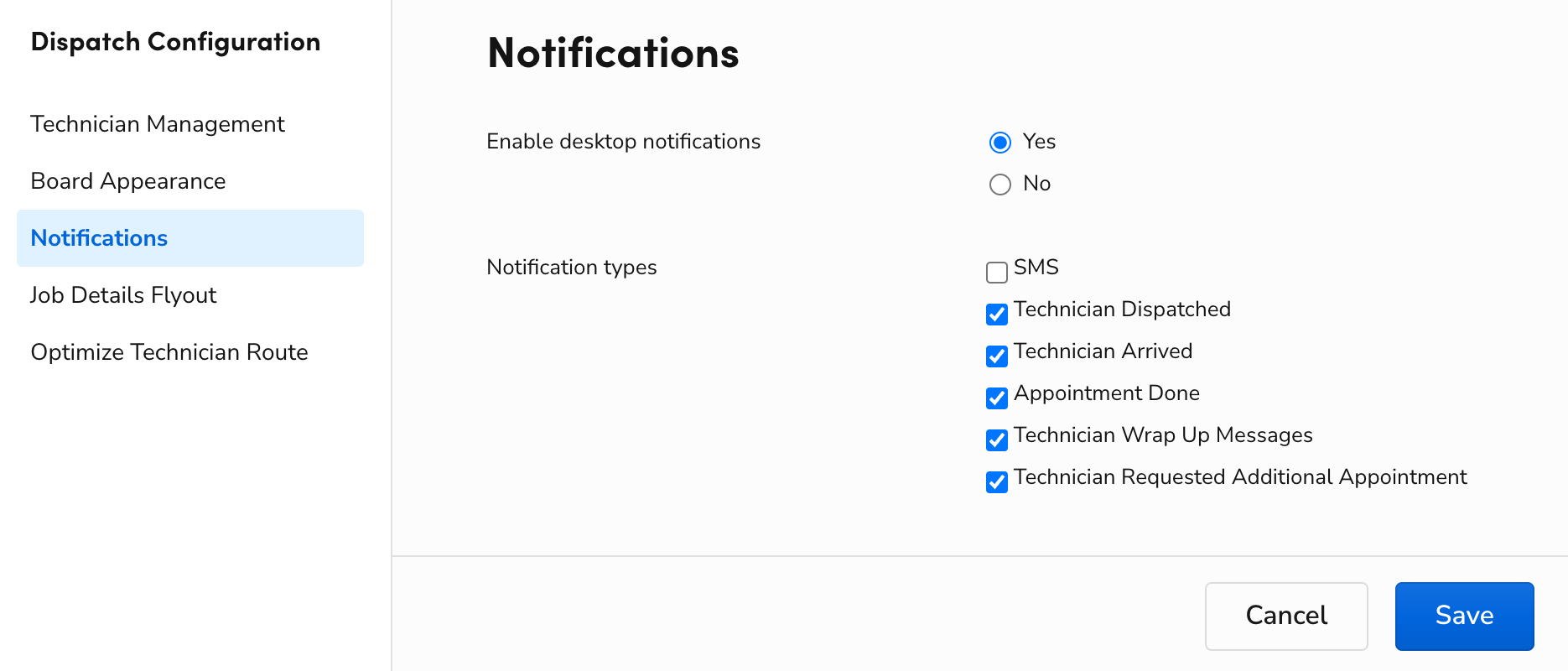 The Notifications section in Dispatch Configuration in ServiceTitan.