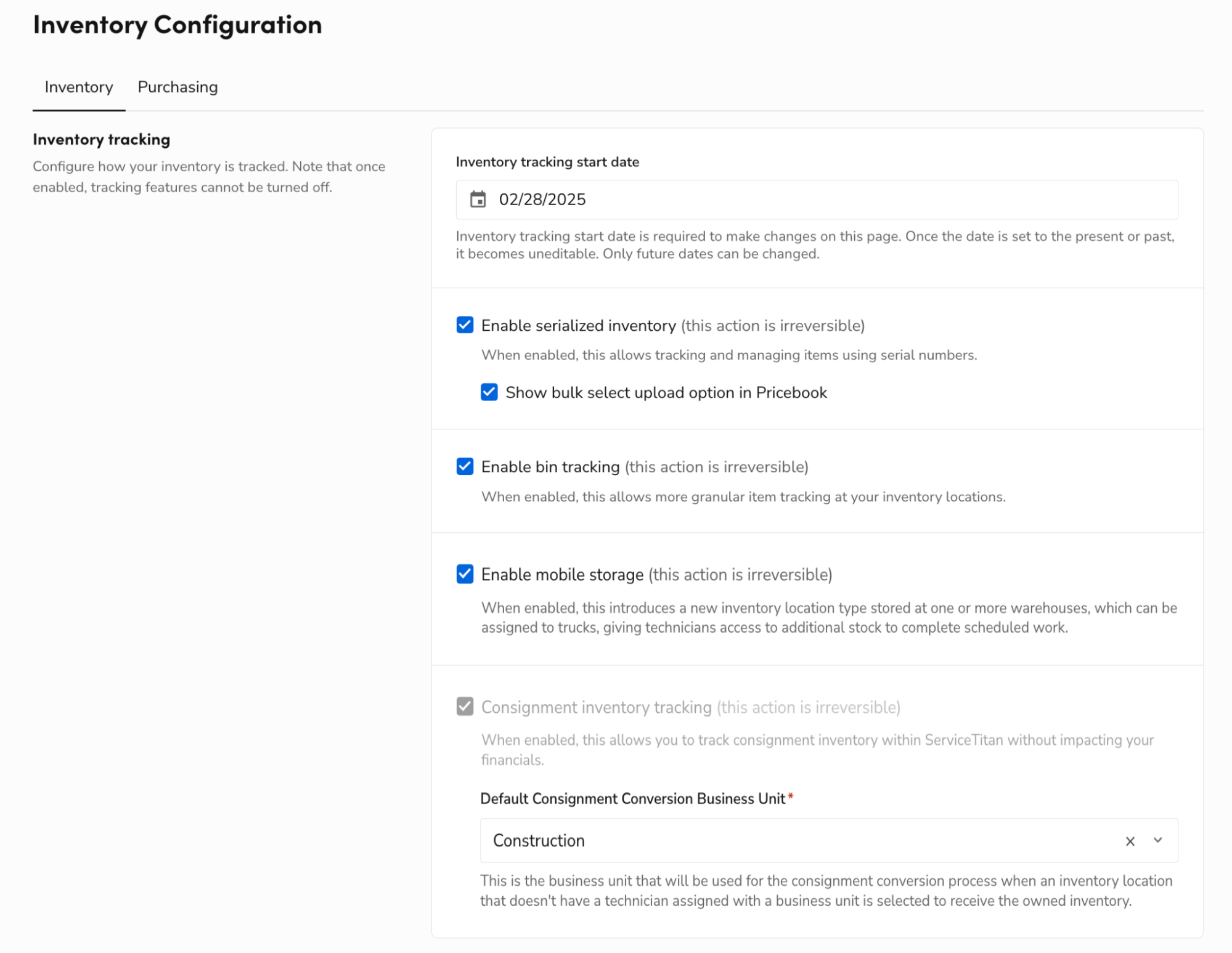 Image displaying the Inventory Tracking section under Inventory Configuration.