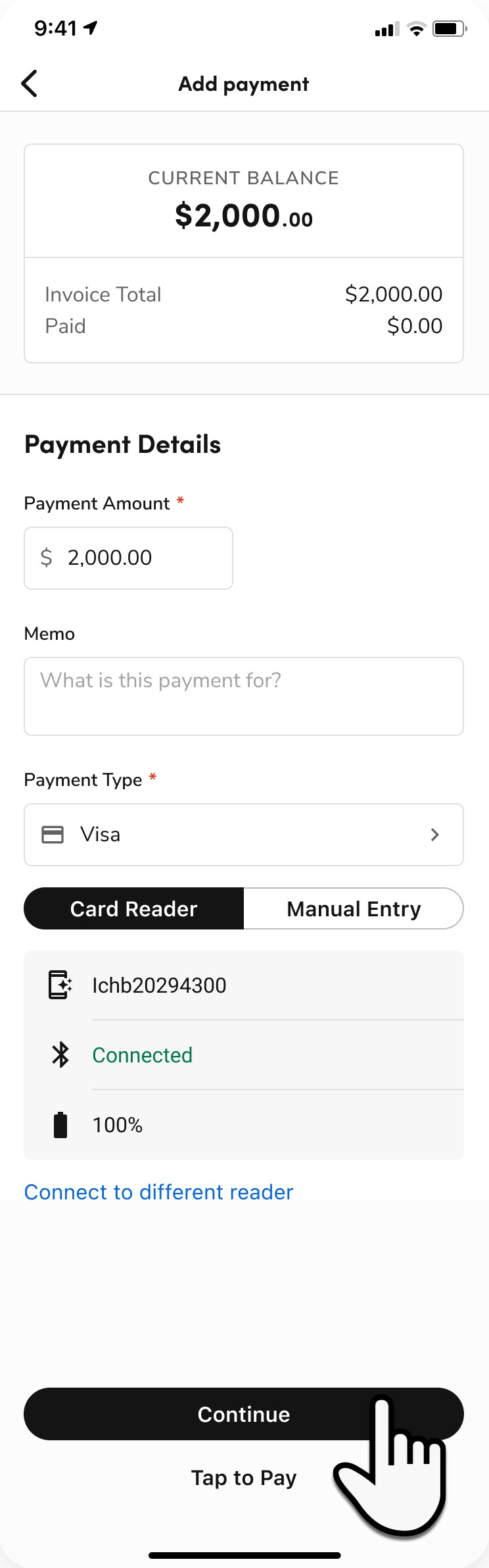 A cursor tapping Continue in the ServiceTitan Field Mobile App.