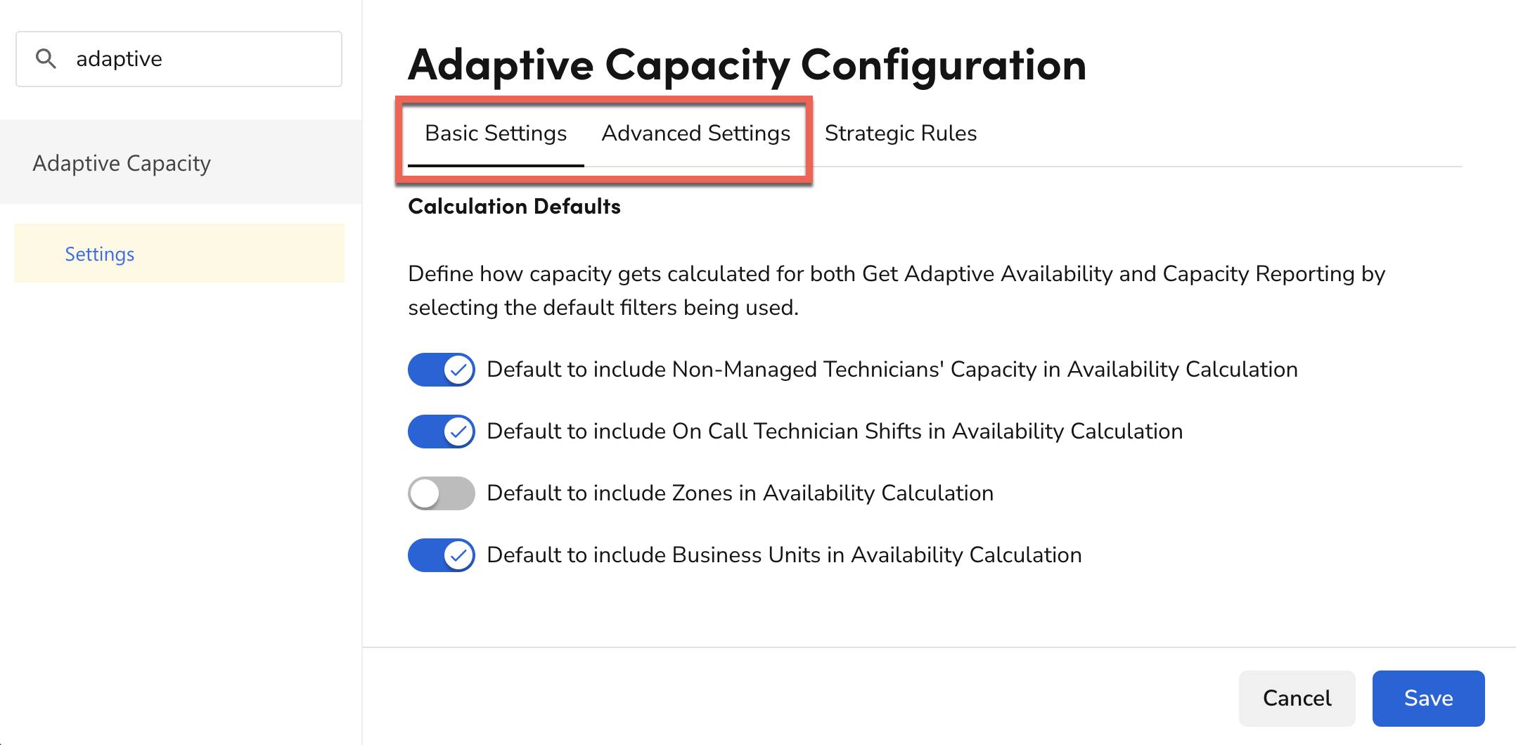 Adaptive Capacity Settings in ServiceTitan Settings.
