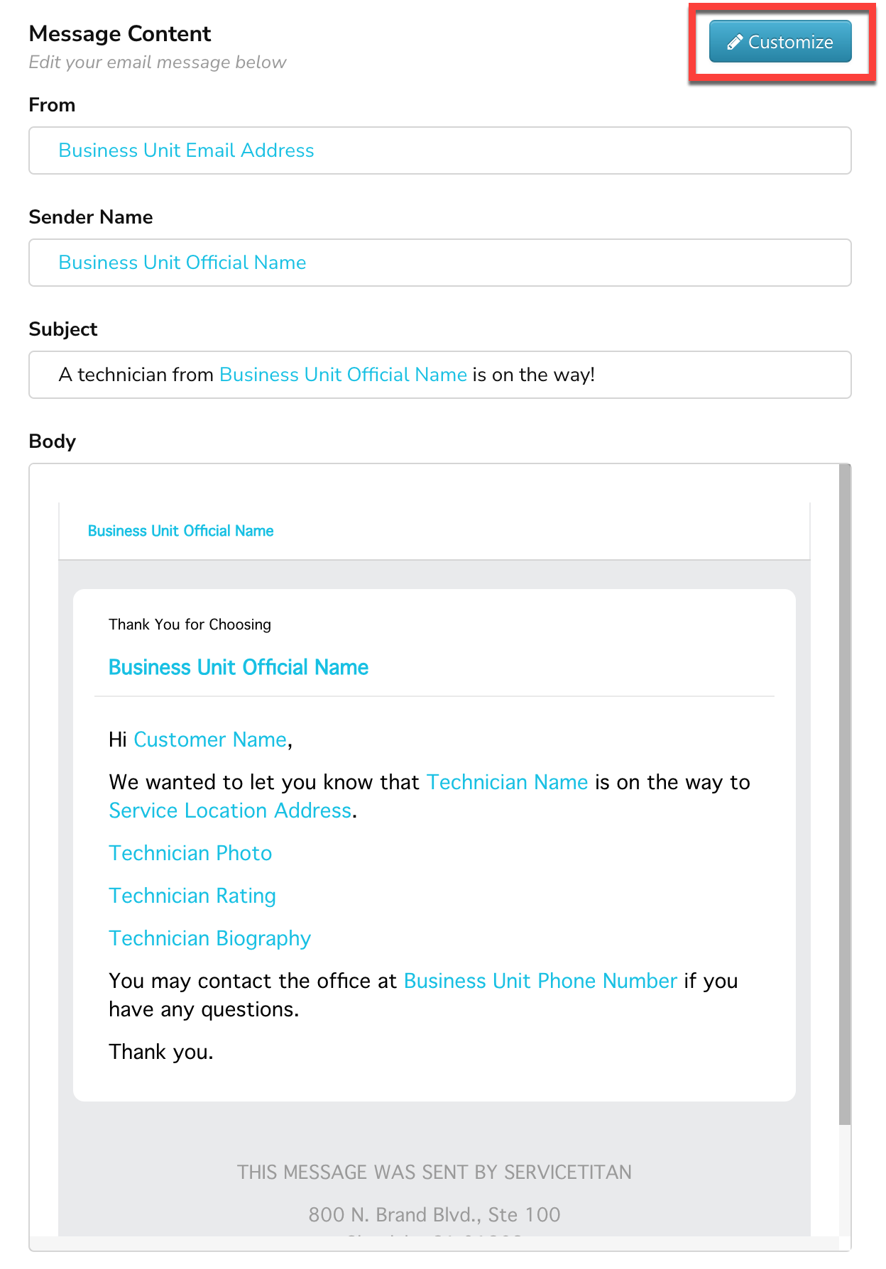 The Email tab on the Dispatch Notifications screen in ServiceTitan. The Customize button is ...