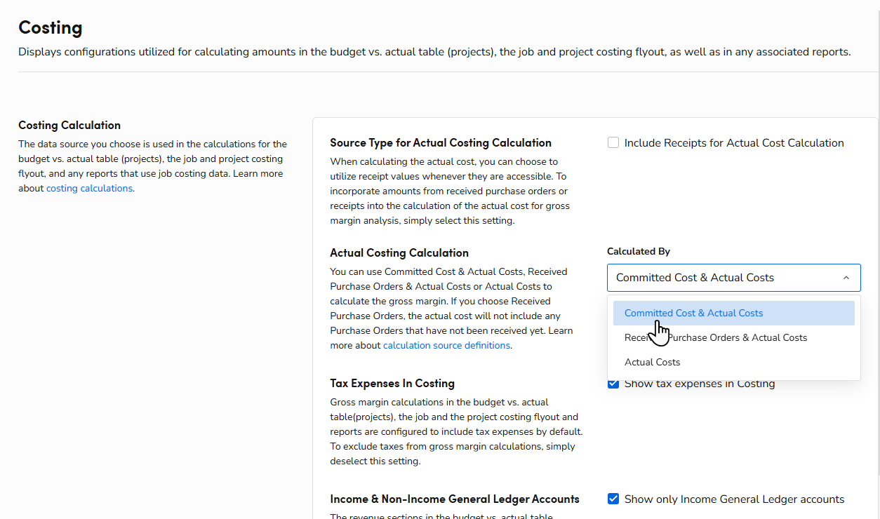 Cursor on a costing calculation option in the Costing settings screen
