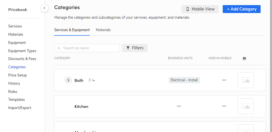 Set up and manage pricebook categories and subcategories