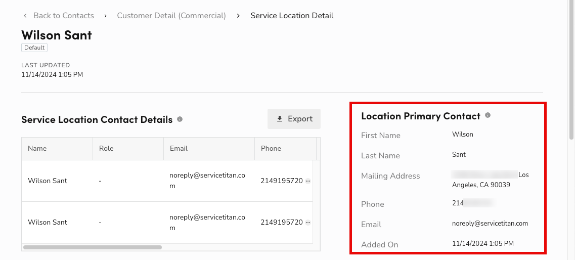 Location Primary Contact information highlighted on the Service ...