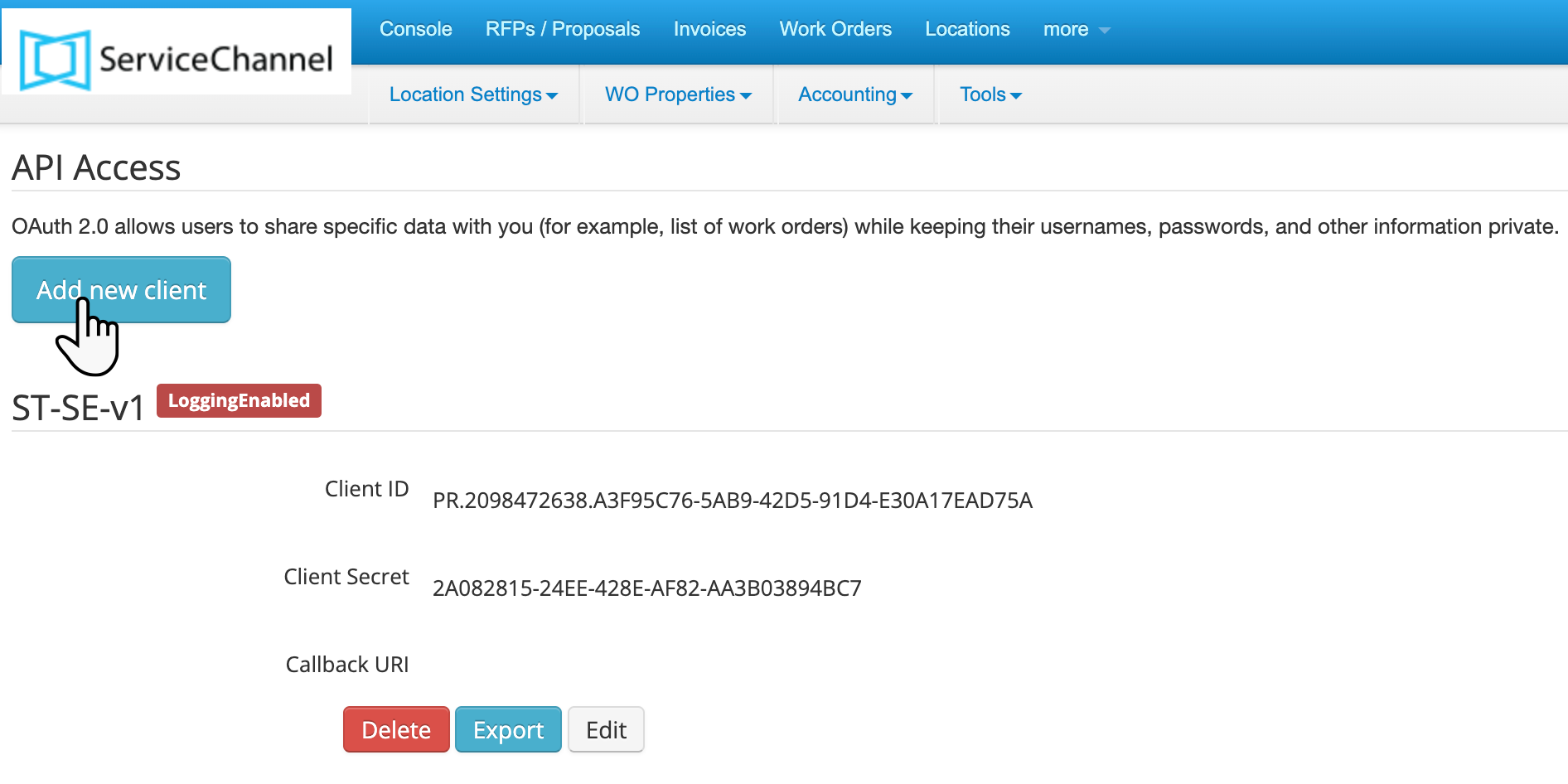 Cursor clicking Add new client.