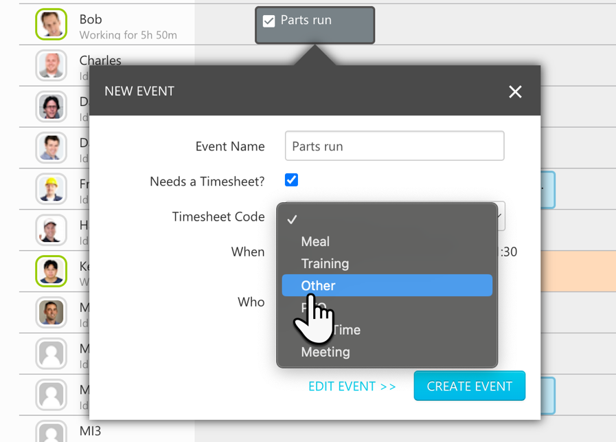A cursor selecting Other from the Timesheet Code dropdown menu in the New Event pop-up on the ...