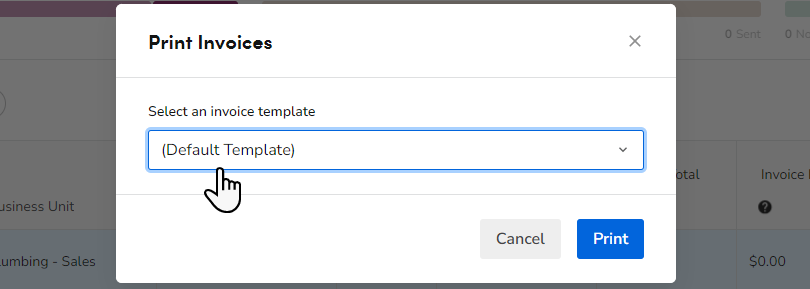 Cursor on the default invoice template in the Print Invoices screen