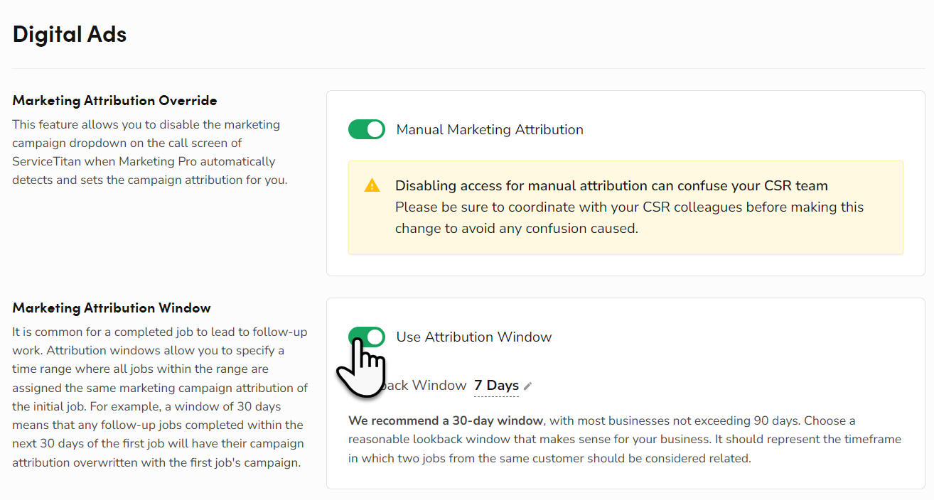 Manage Digital Ads settings in Marketing Pro