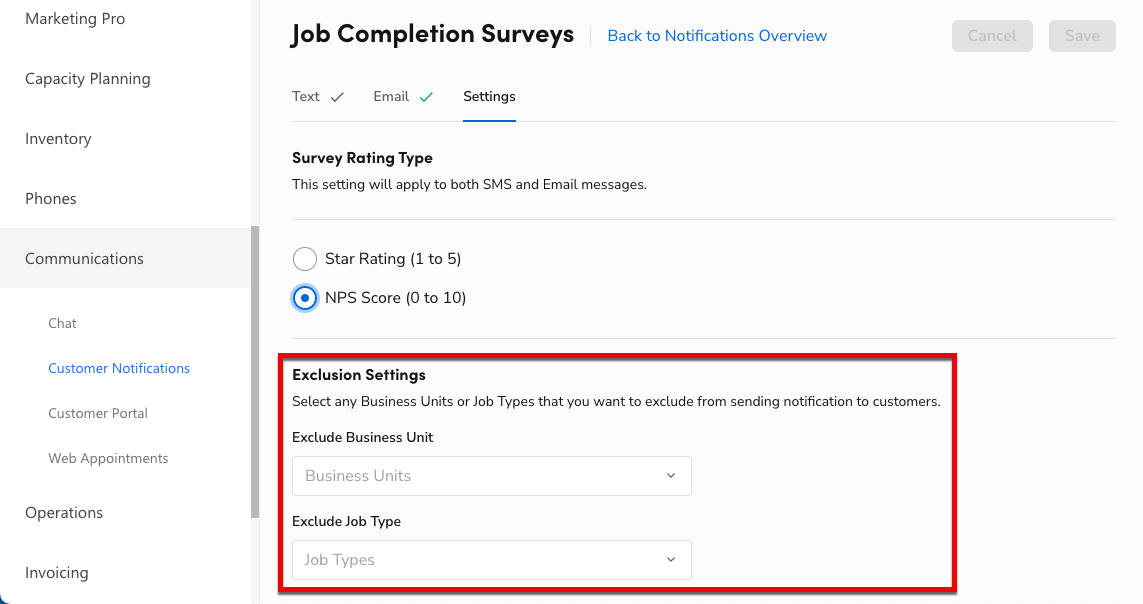 Exclusion Settings highlighted in the settings for Job Completion Surveys