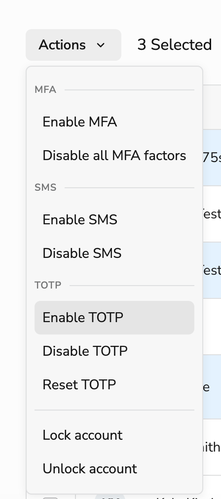 Viewing MFA options from the Actions button