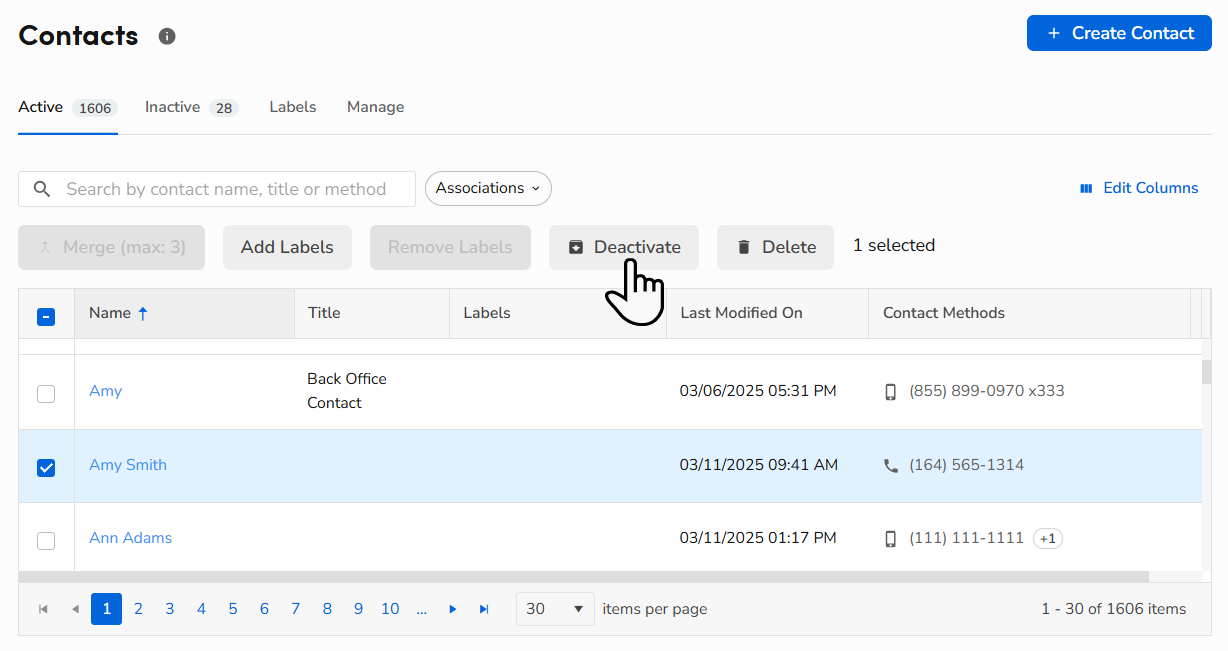 deactivate a contact from a contact hub