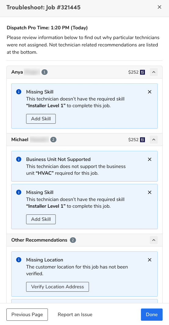 Alerts and recommendations within the ServiceTitan Dispatch Pro Troubleshooter.
