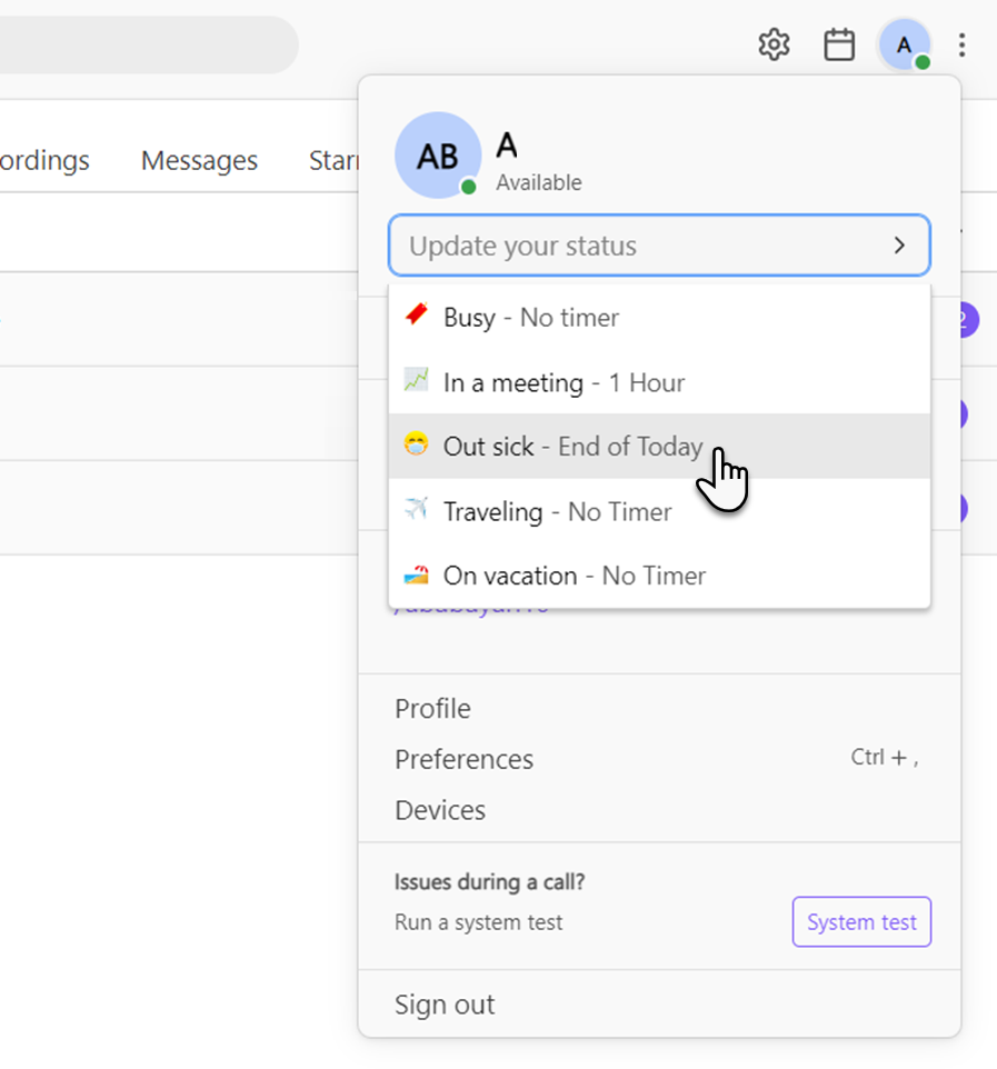 Change your status in the desktop version of Dialpad