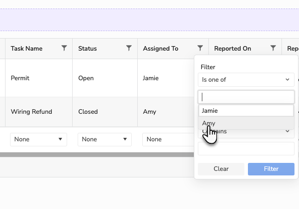 A cursor selecting Amy from the Assigned To column filter to see all tasks assigned to Amy.