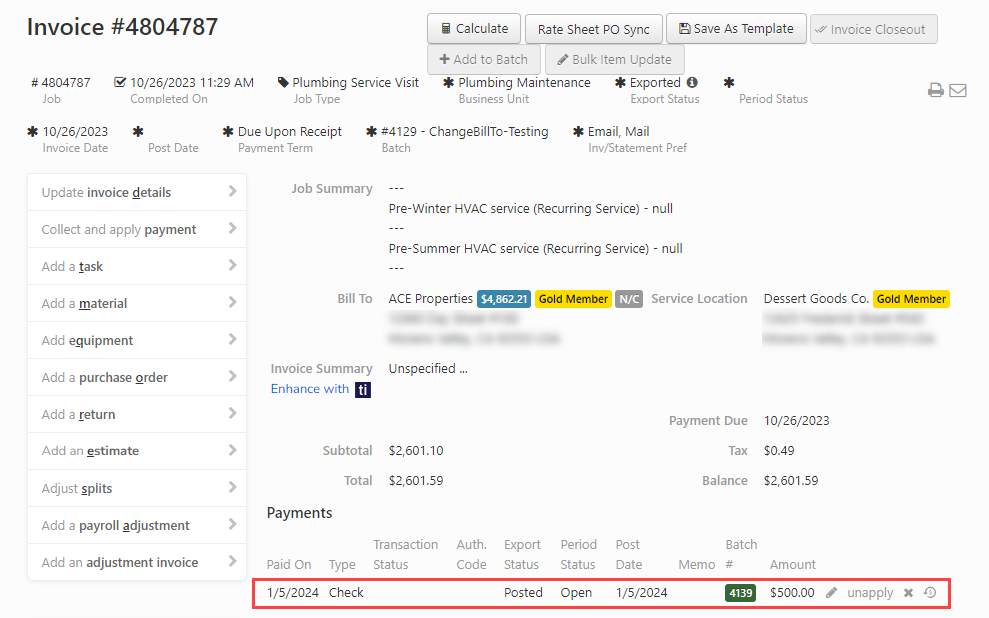 Screenshot of an invoice with a check payment
