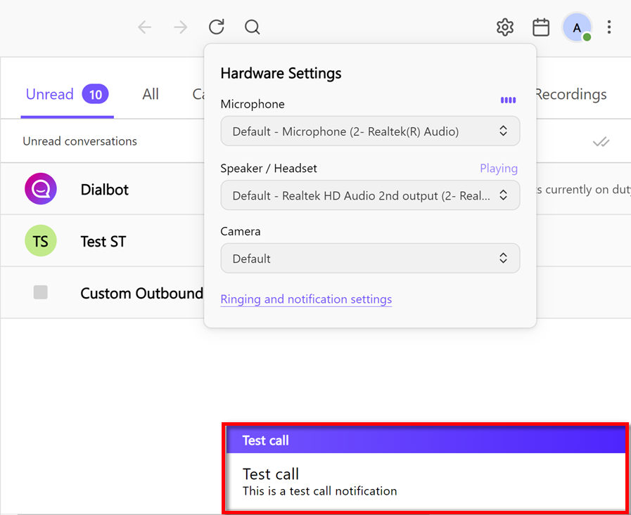 Receiving a test call from DialPad
