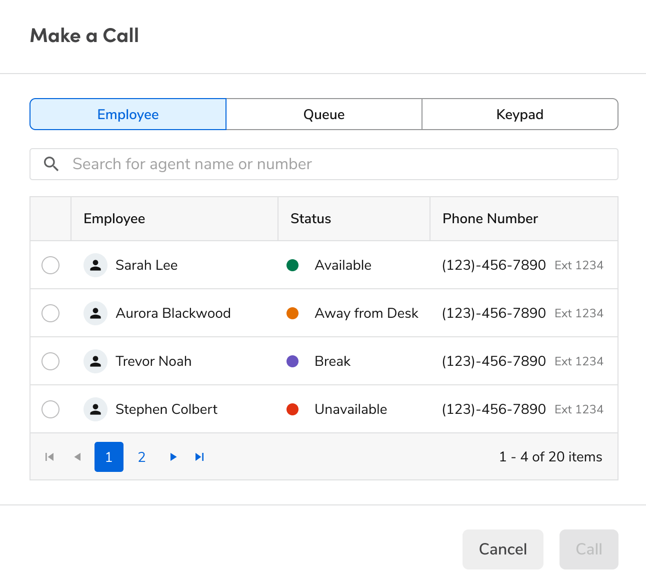 List of employee accounts on the Make a Call screen