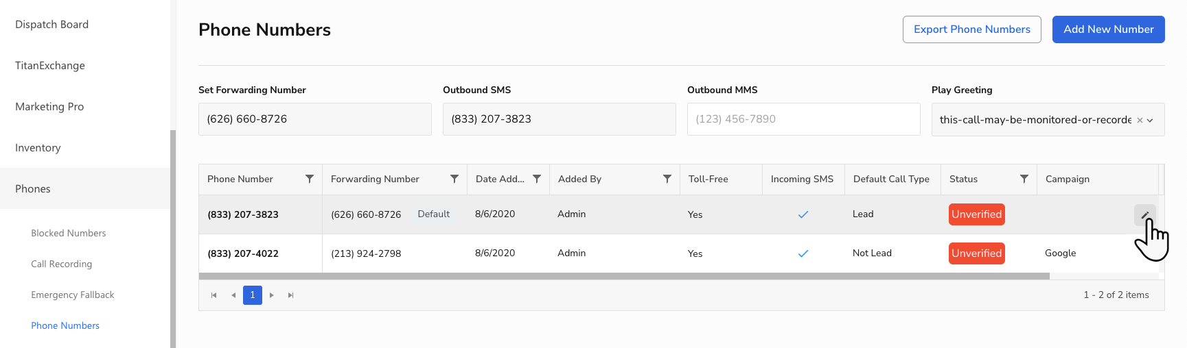tracking phone number from Phone Numbers in Settings