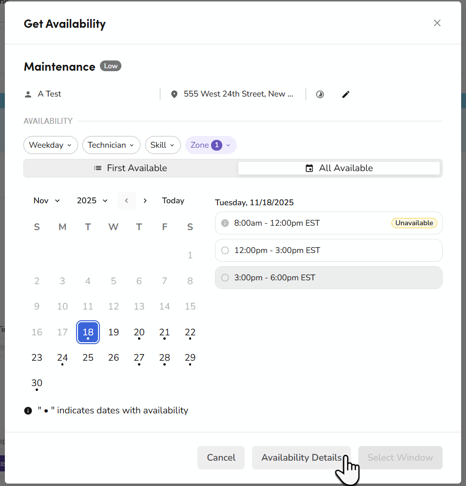 A cursor selecting Availability Details in the Get Availability pop up ...