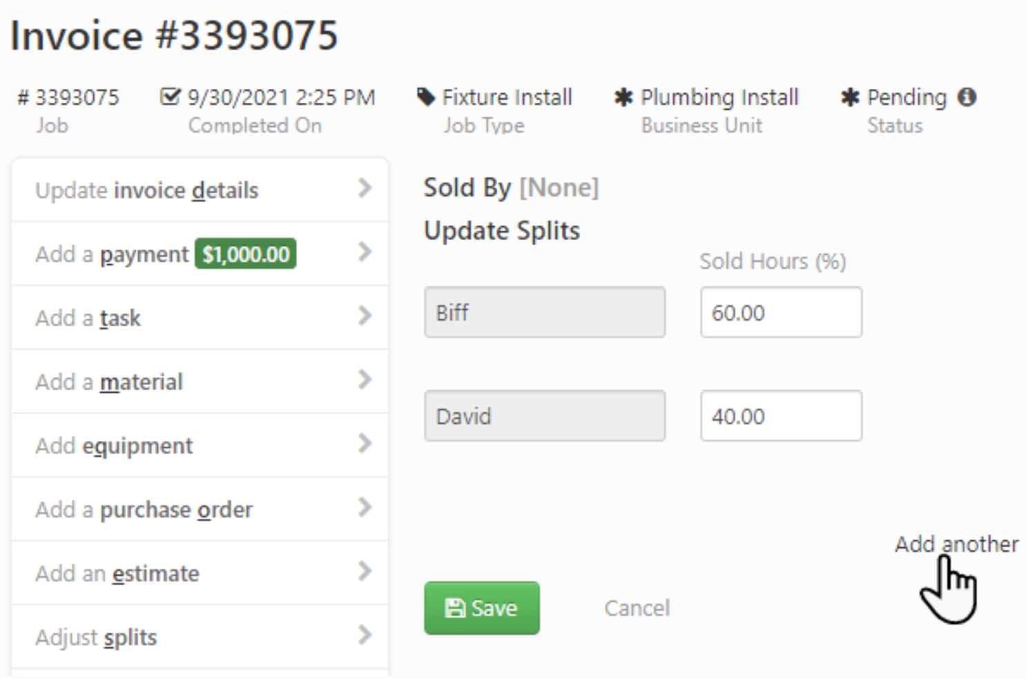Cursor clicking Add another on the Invoice screen
