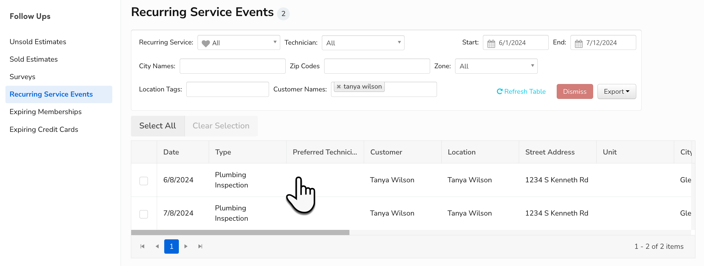 A cursor clicking a recurring service event in ServiceTitan Follow Ups.
